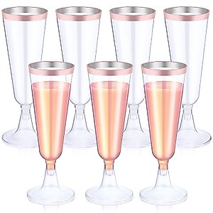 Thenshop 50 Pack Rose Gold Plastic Champagne Flutes 5.5 oz Elegant Clear Disposable Champagne Glasses Detachable Hard Toasting Glasses for Wedding Party Fancy Vino Cocktail Cups