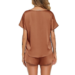 Ekouaer Women Satin Pajama Set Short Sleeve Lightweight Silk Pajama Set 2 Piece Lounge Sets with Shorts Dark Brown