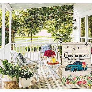 Spring Garden Flag 12x18 Inch Double Sided,Blue Truck with Flowers Country Roads Take Me Home Yard Flag,Small Flag for Farmhouse Outdoor Decor