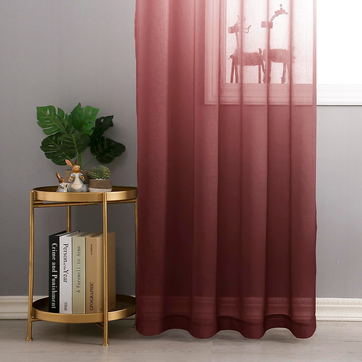 DWCN Faux Linen Ombre Sheer Curtains - Gradient Semi Voile Grommet Top Window Curtains for Bedroom and Living Room, Set of 2 Panels, 52 x 84 Inches Long, Burgundy