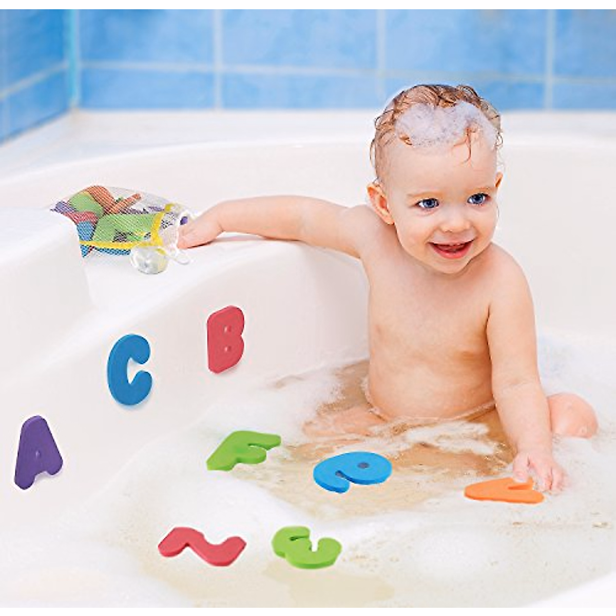 Click N’ Play 36 Piece Play Set of Bath Foam Letters & Numbers with Mesh Bag Organizer, Non Toxic & BPA Free, Colorful, Educational & Fun ABC Foam Bath & Shower Toys for Baby & Toddlers