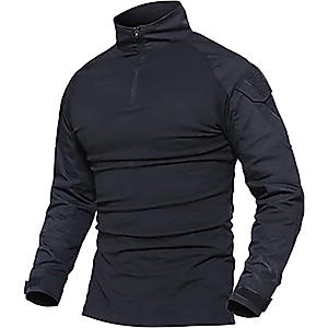 MAGCOMSEN Tactical Men's T-Shirt with Pockets, Long Sleeve, Zipper, High Neck, Lightweight, Black