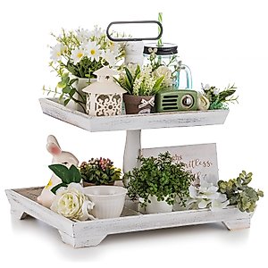 Hanobe Tiered Tray for Table Decor: 2 Tier Serving Stand Farmhouse Decorative Tray for Coffee Bar Centerpiece Rectangle Wood Display Stands Kitchen Counter (White)
