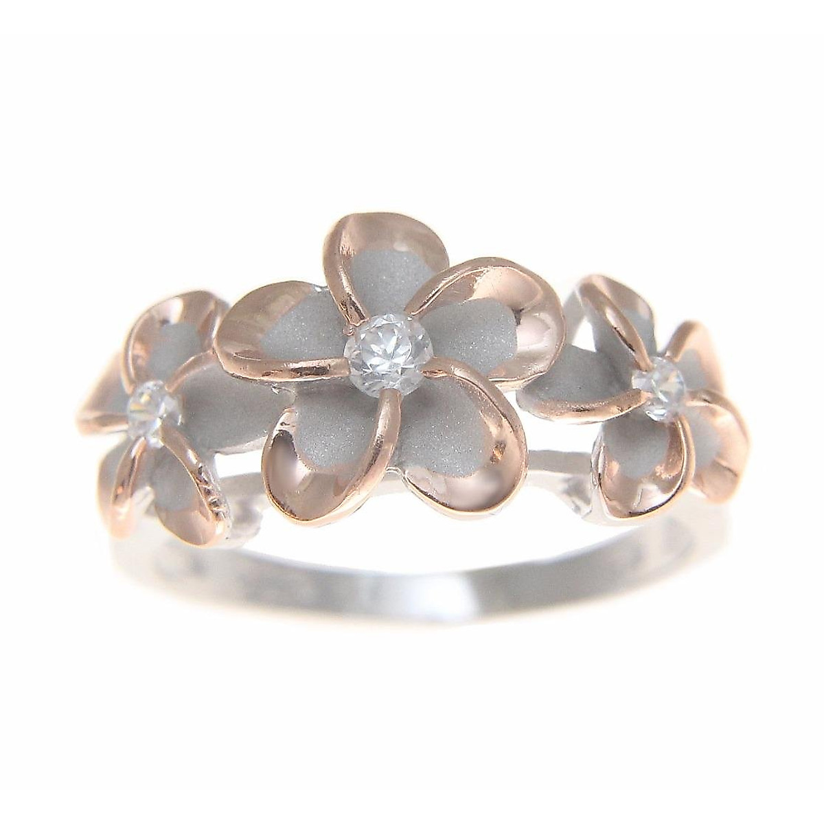 Arthur's Jewelry Sterling silver 925 Hawaiian 3 plumeria flower cz ring rhodium and pink rose gold plated size 8