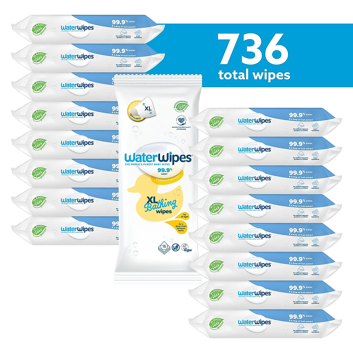 WaterWipes Bundle, Original 720 Count (12 packs) & XL Bathing Wipes 16 Count (1 pack), Plastic-Free, 99.9% Water Based Wipes, Unscented, Hypoallergenic for Sensitive Skin, Packaging May Vary