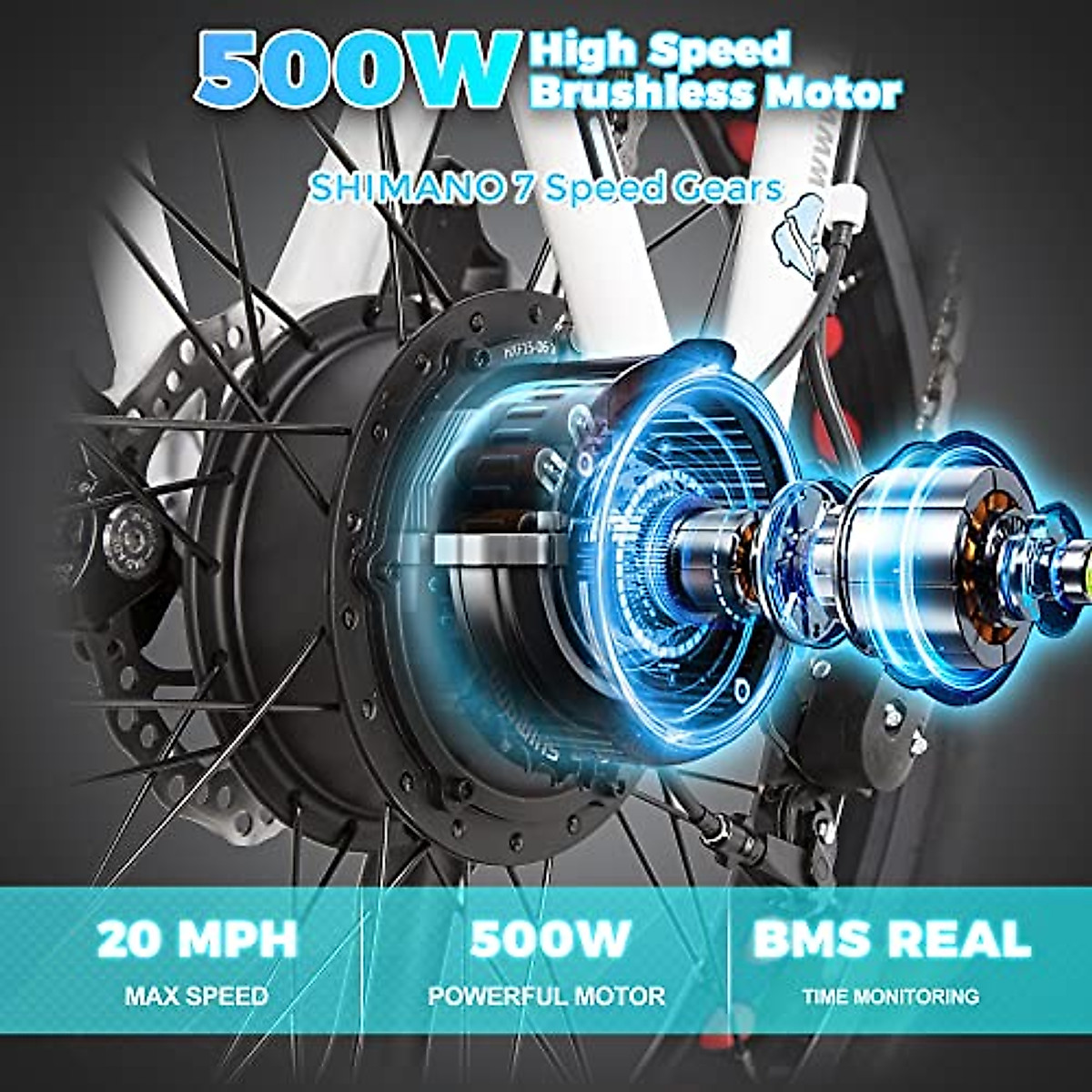 ECOTRIC 20" Folding Electric Bike Ebike 36V/12.5AH Lithium Battery 500W Powerful Rear Motor Step-Through Fat Tire Bicycle Shimano 7 Speed Gear (Black/White) 90% Pre-Assembled