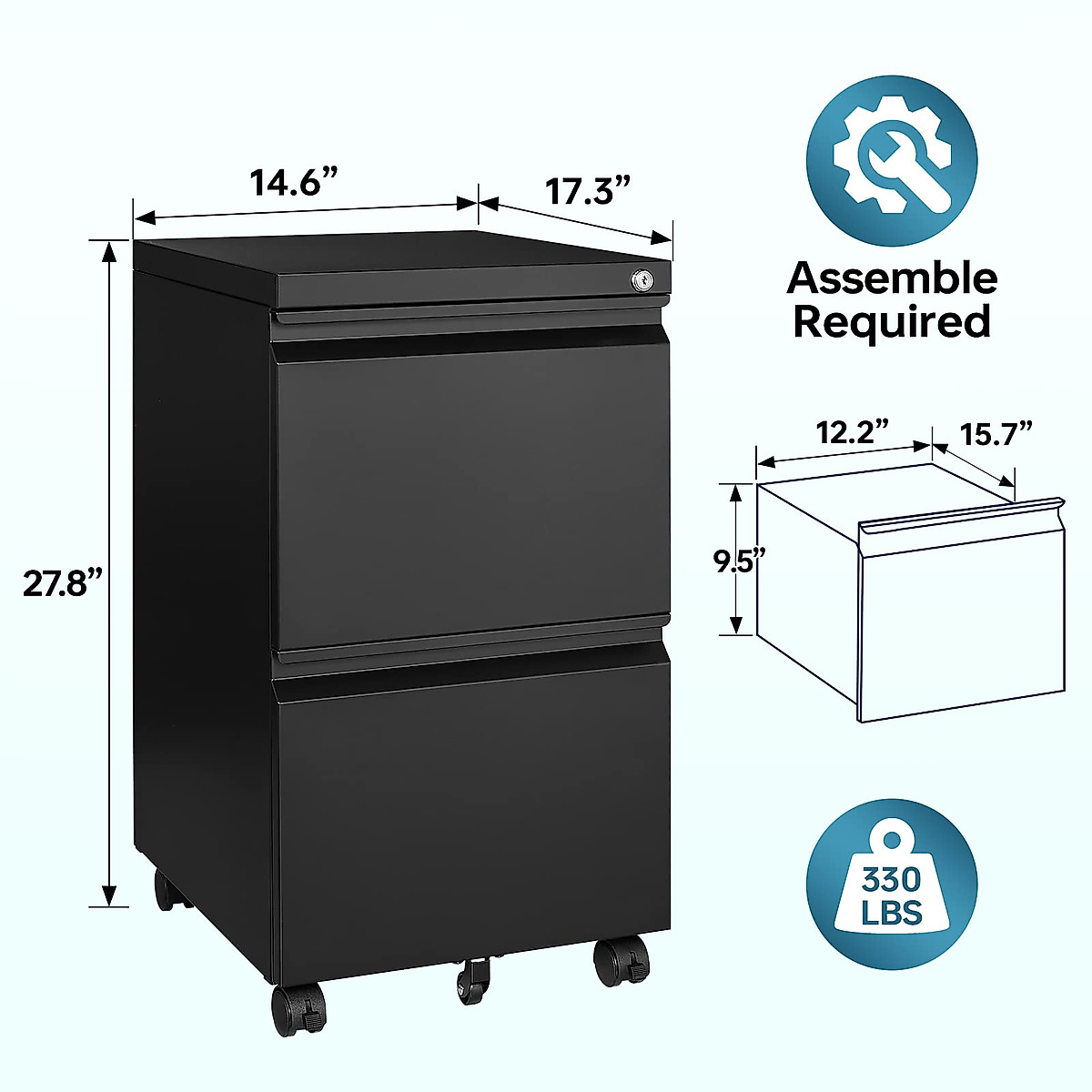 MIIIKO 2 Drawer File Cabinet on Wheels, Home Office Mobile Under Desk with Lock, Vertical Files Drawers for Legal/Letter/A4