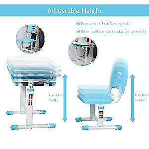 Diroan Kids Multifunctional Desk and Chair Set, Height Adjustable Children School Study Desk with Large Tilt Desktop, Metal Hook and Storage Drawer for Boys Girls, Pink