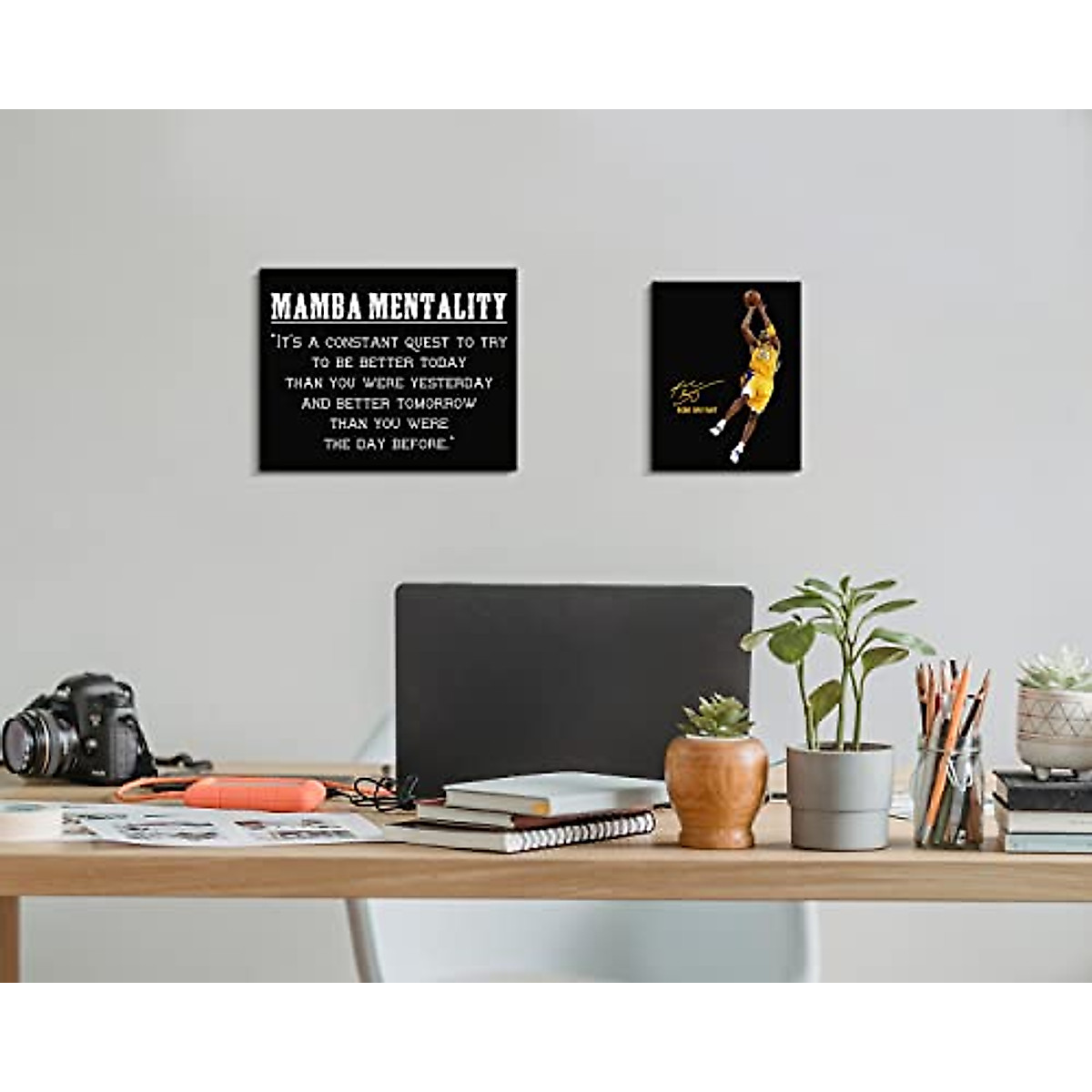 Kas Home 2 Pieces Mamba Mentality Wall Decor Kobe Bryant Poster Inspirational Wall Art Canvas Print Quotes Motivational Hanging Decoration Basketball Player Framed Artwork for Gym Office Boys Teens Room Wall Decor (Black - Mamba, 12 x 15 inch + 8.6 x 11 i
