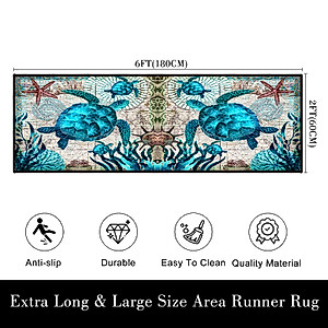Coastal Runner Rug for Hallway 2x6 Sea Turtle Hallway Rugs Nautical Throw Rug Blue Turtles Beach Ocean Life Teal Marine Animal Area Rug Non-Slip Floor Carpet for Bedroom Entryway Door Mat Washable Rug