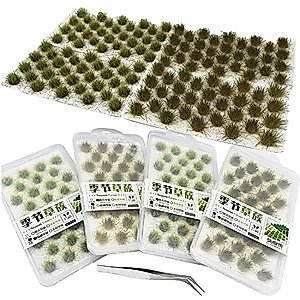 Cayway 128 PCS Static Grass Tuft Model Grass Tufts Terrain Model Kit Resin Static Scenery Model, Fake Moss Grass and Tweezers for Train Landscape Railway Artificial Grass Modeling