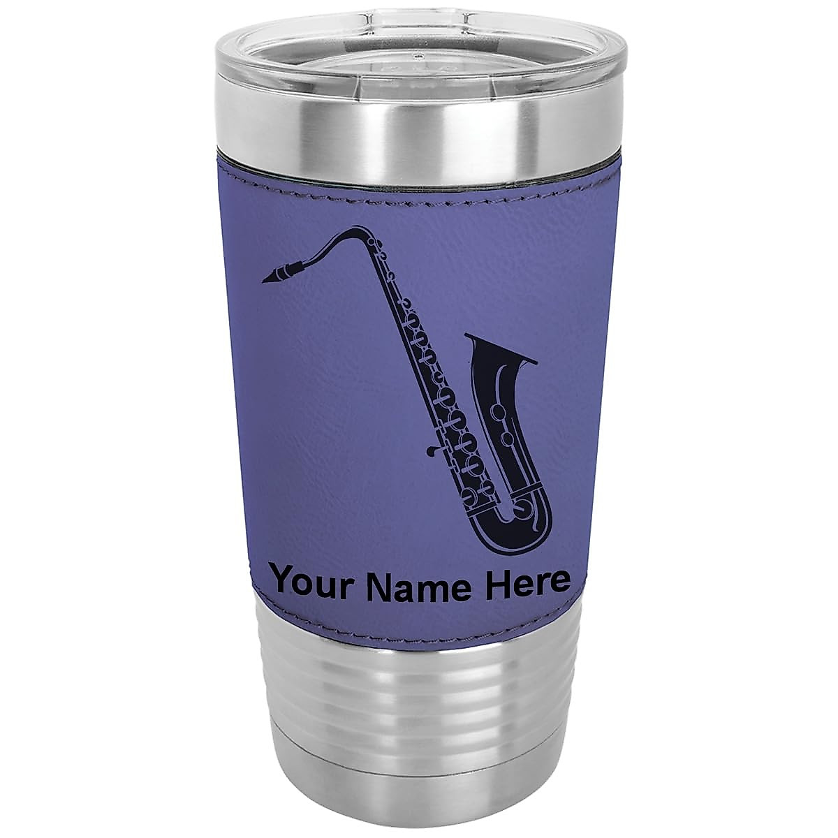 LaserGram 20oz Vacuum Insulated Tumbler Mug, Saxophone, Personalized Engraving Included (Faux Leather, Dark Purple)