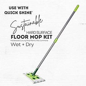Quick Shine Multi Surface Floor Finish 64oz, 4Pk | Cleaner & Polish to use on Hardwood, Laminate, Luxury Vinyl Plank LVT, Tile & Stone & Hard Surface Floor Mop Refill Pad 12" Wx6 Dx1/2 H