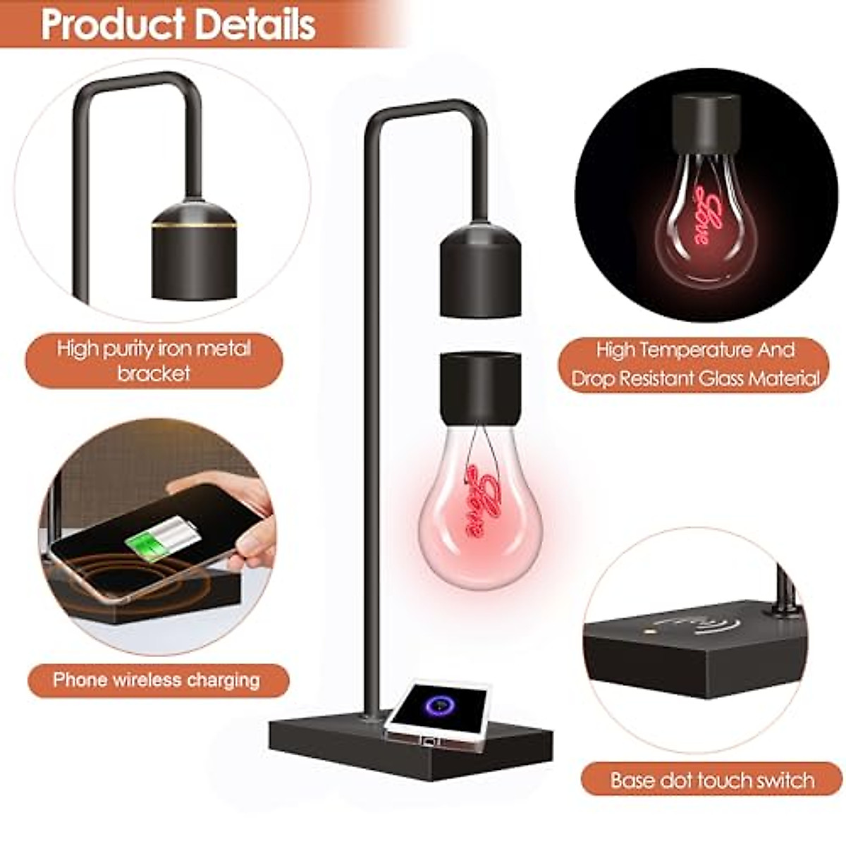 Floatidea Magnetic Levitating Lamp with Phone Wireless Charger Levitation Floating Light Bulb Novelty Love Lamp for Valentine's Day Birthday Anniversary Romantic Christmas Gift Decoration