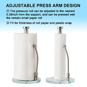 Kitchen Paper Towel Holder - LUKA Glass Weighted Base Modern Paper Towel Standing Fits Standard & Jumbo Rolls; Adjustable Spring Arm Upright Easy Tear Paper Towel Dispenser for Countertop Tables
