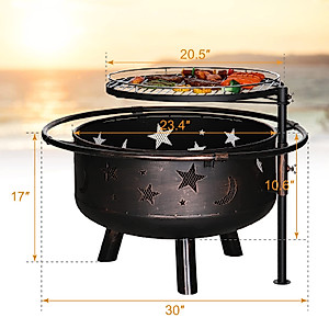 Wood Burning Fire Pit with Grill for Outside 30 Inch Outdoor Firepit with Cooking Grate Large Round Fire Pit Bowl with Poker & Spark Screen for Patio Lawn Backyard BBQ,Star & Moon Cutouts Pattern