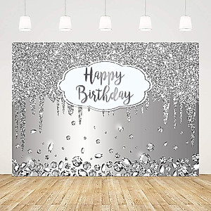 ABLIN 7x5ft Happy Birthday Backdrop Dripping Glitter Crystal Diamond Silver Photo Background Girls Women Bday Party Decorations Cake Table Banner Wall Decor Props