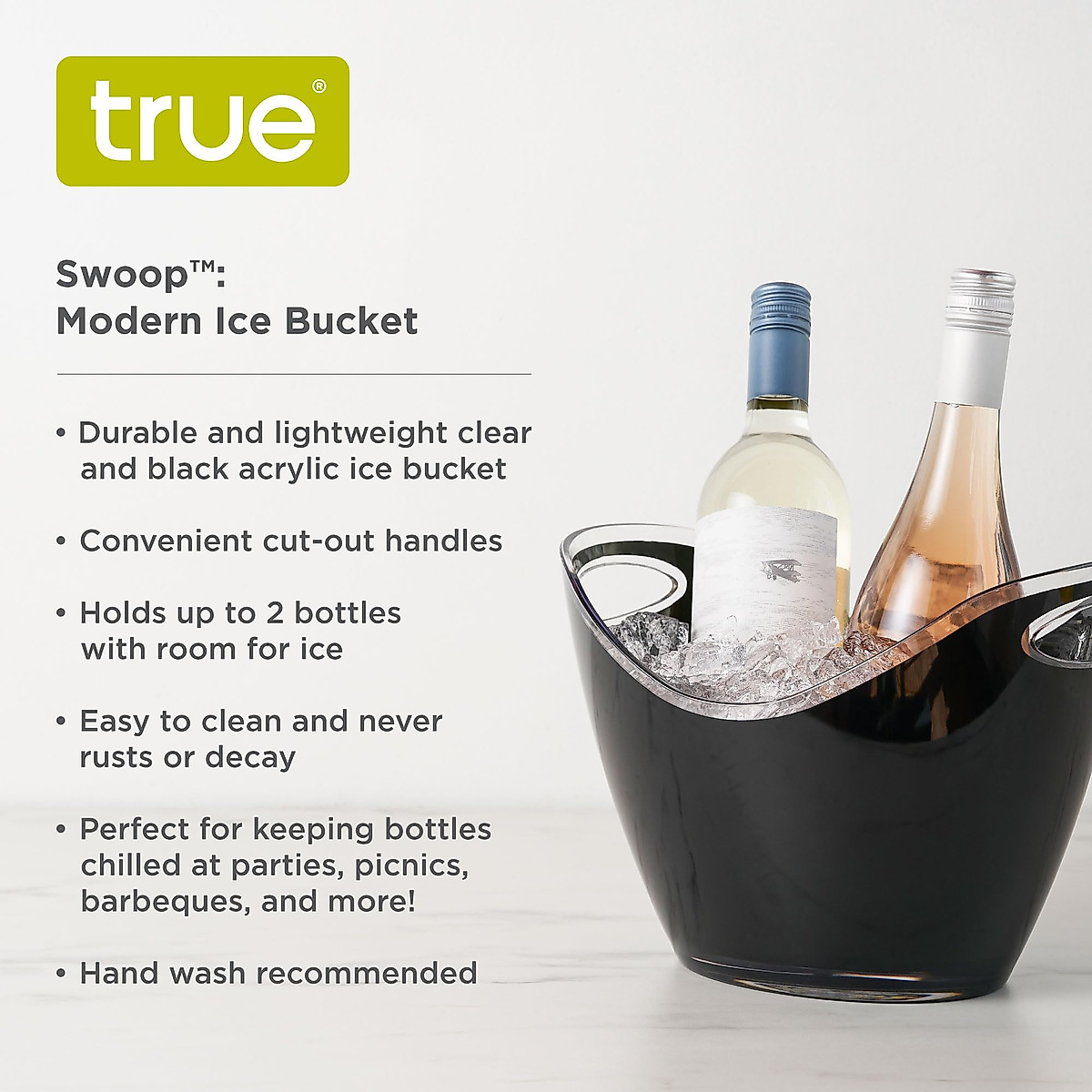 True Modern Wine & Champagne Bucket | Black Ice Beverage Tub - Indoor & Outdoor Drink Bucket for Parties - 2 Bottles Capacity Champagne & Wine Chiller Bucket - 10.5" x 8.25" x 7.75"