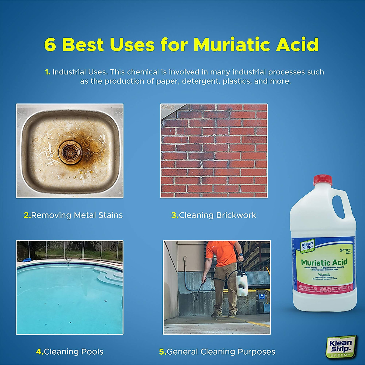 Klean Strip Green Muriatic Acid-Eco friendly Brightens Masonry Etch Concrete Removes Excess Mortar from Bricks and Cleans Algae and Scum-1 Gallon Plus Centaurus AZ Chemical Resistant Gloves