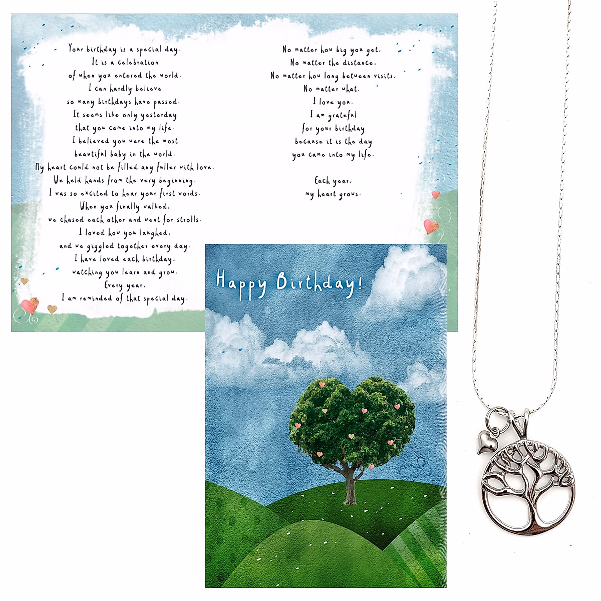 Smiling Wisdom - Happy Birthday Greeting Card and Tree Heart Necklace Keepsake Gift Set - Daughter Granddaughter From Parent - Stainless Steel - Love Grows