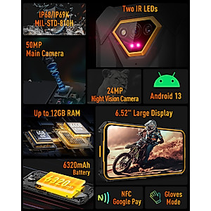 Ulefone Armor X13 Rugged Phones Unlocked, IP68/IP69K Waterproof Phone, MTk Helio G36 12GB+64GB, 50MP+24MP Night Vision Camera, 6.52" Display, 6320mAh, Android 13, NFC, Fingerprint ID, Black