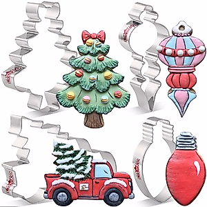 LILIAO Christmas Cookie Cutter Set, 4-pc, Pickup Truck with Christmas Tree, Christmas Tree, Light Bulb and Christmas Ornament Biscuit Fondant Cutters, Stainless Steel