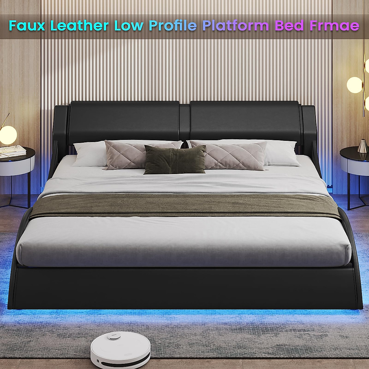 DICTAC King Led Bed Frame Modern Faux Leather Low Profile Platform Bed Frame King Size with RGB LED Lights and Headboard Wave Like Curve King Bed Frame,Wood Slats Support,Easy Assembly,Black