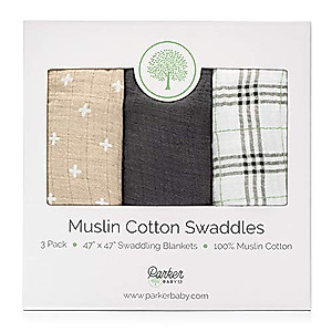 Parker Baby Co. Swaddle Blankets - Pack of 3 of 100% Cotton Muslin Swaddle Blankets for Baby Boys and Girls - Unisex/Gender Neutral - Classics Set