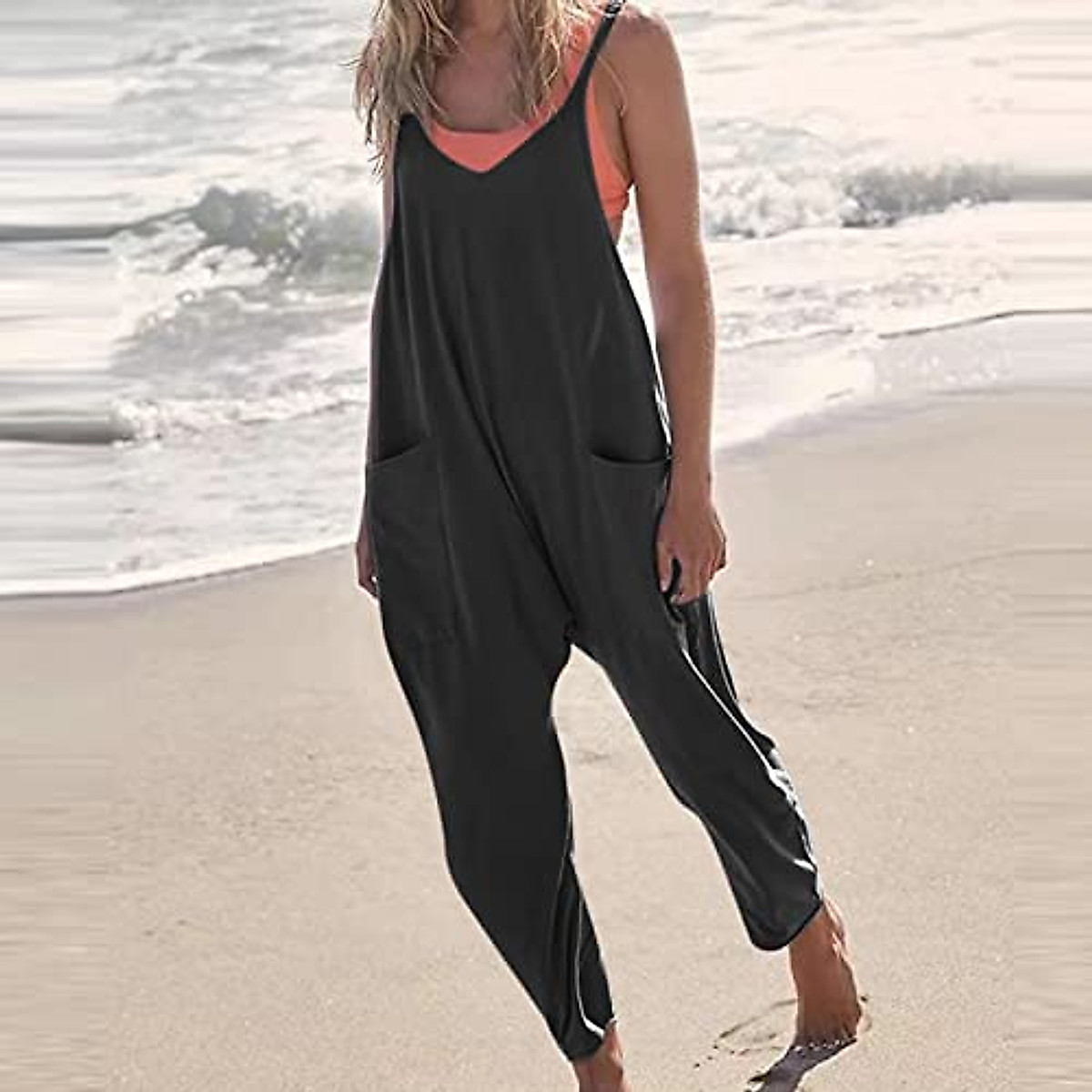 HUTJDHA Womens Plus Size Jumpsuits,Wide Leg Jumpsuits with Pockets Womens V-Neck Sling Jumpsies Plus Size