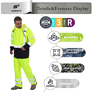 sesafety Hi Vis Rain Jacket, Class 3 High Visibility Rain Gear for Men, Rain Suits for Men Waterproof with Nterior Mesh, Zipper, Yellow (L/XL)