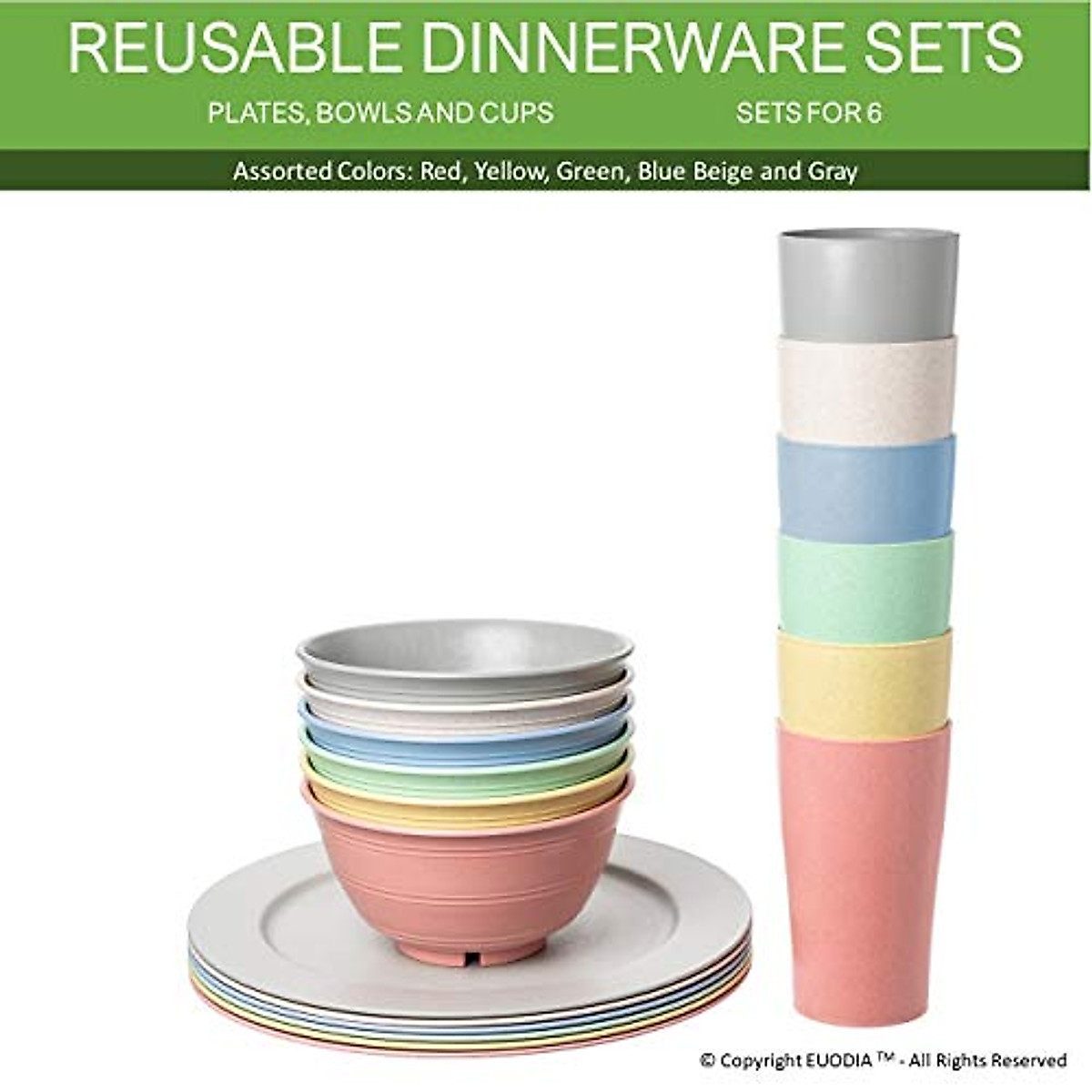 Euodia Wheat Straw Plastic Dinnerware Sets for 6 (Dinner Plates, Bowls & Cups) - Dishwasher & Microwave Safe – Unbreakable Reusable Lightweight Eco Friendly BPA Free – Outdoor Camping Dishes