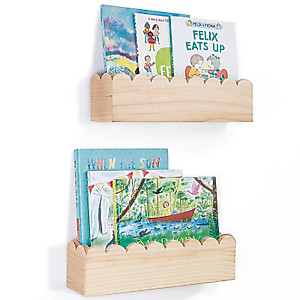 Zouboat Scalloped Floating Nursery Bookshelves for Wall Set of 2,Natural Wood Wall Bookshelf for Kids Rooms, Preassembled Baby Bookshelf,Hanging Storage Shelves (Burlywood)