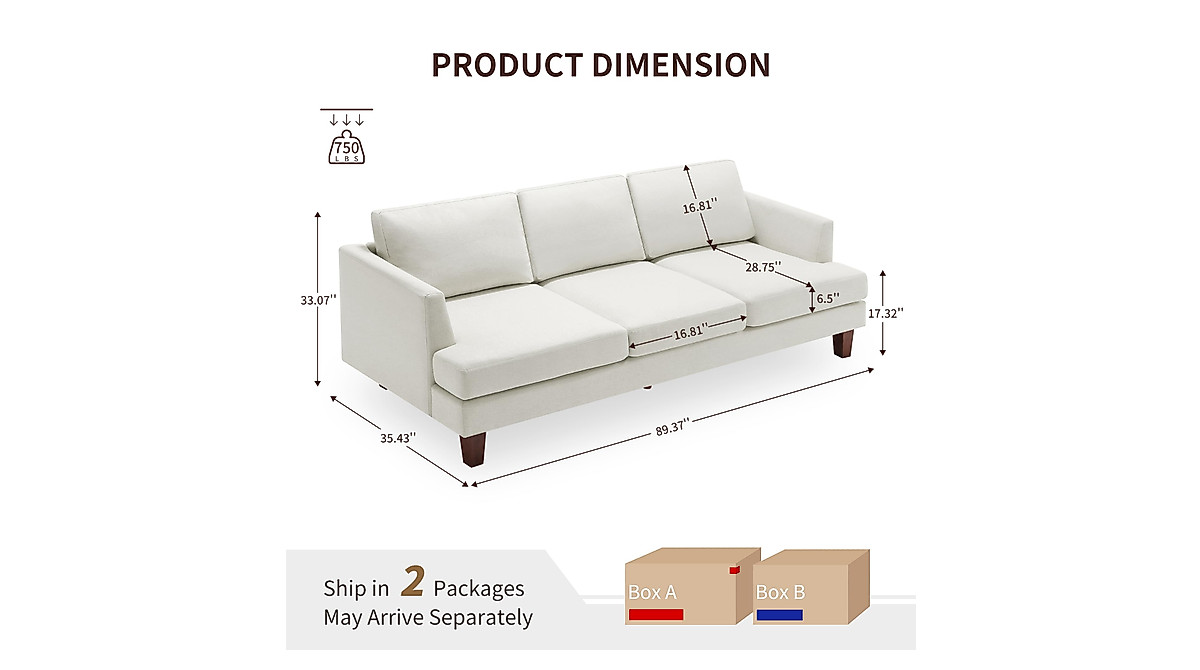 Gericco 89" 3-Seater Sofa - Comfy Mid-Century Design