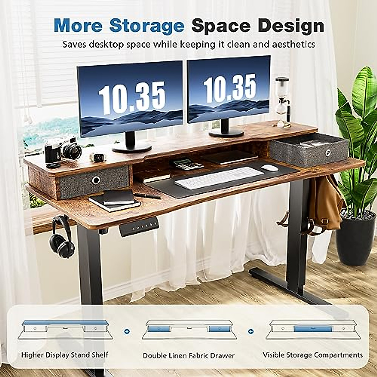 DUMOS Adjustable Height Electric Sti to Standing Desk with Drawer,63 x 24 in Ergonomic Computer Table with Splicing Board, Wire Hole and Hook for Workstation for Home, Office, Rustic Brown & Shelf