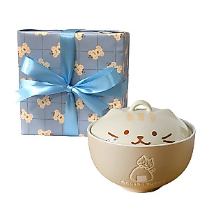 Japanese Style Ceramic Soup Bowls with Lids Ramen Bowl Cute Kitten Design for Mixing Salad, Noodle, Instant Noodles, Ramen Cooker, Kitchen Oven, Microwave Safe Bowl Cat Gifts for Cat Lovers (khaki)