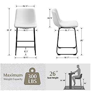 REONEY Bar Stools Set of 2, PU Leather Counter Height Bar Stools, 26" Modern Bar Stools with Metal Legs and Footrest, Urban Armless Dining Chairs with Backrest for Kitchen Island (White)