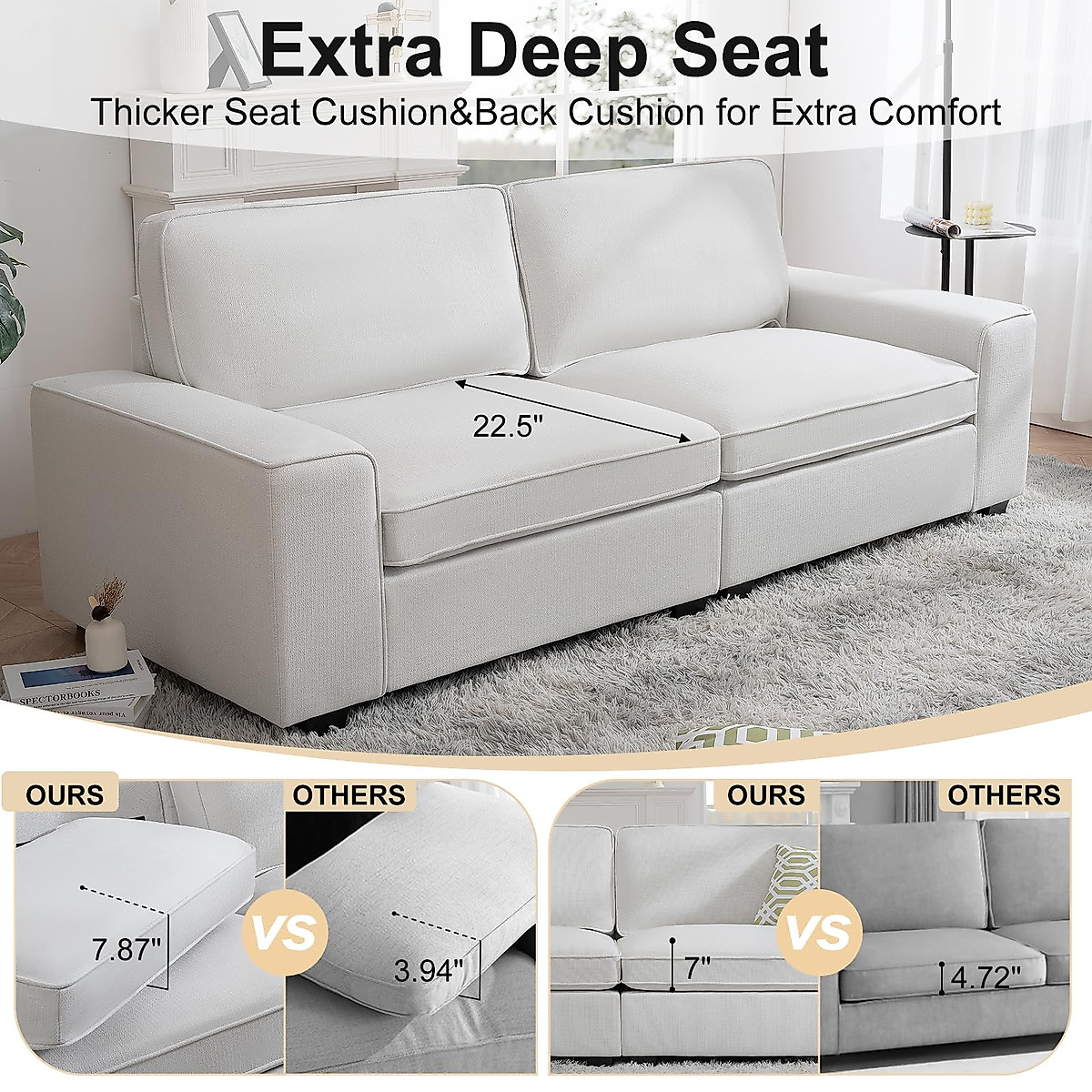HOMERILLA 88.58" Modern Sofas for Living Room Linen Breathable Loveseat Sofas & Couches with Square Wide Armrest and Removable Sofa Cushion Off-White