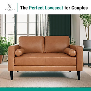 Naomi Home Marisa Genuine Mid-Century Leather Loveseat, Mid-Century Sleeper Loveseat, Tan Leather Couch,for Living Room, Bedroom, and More