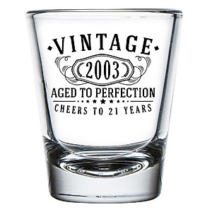 Vintage 2003 Black Printed 1.75oz 1pk Shot Glass - Happy 21st Birthday Gifts Women Men Female, Cheers to 21 Years, Turning 21 Decorations Decor, Anniversary Bday Party Favors, Best Gift Ideas 1.0