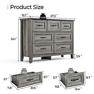 LINSY HOME Farmhouse 7-Drawer Dresser - Grey Chest of Drawers for Bedroom and Living Room Organization, Wood Dresser with Ample Storage Space and Rustic Charm
