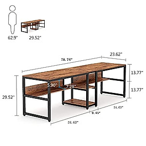 Tribesigns Two Person Desk with Bookshelf, 78.7 Computer Office Double Desk for Two Person, Rustic Writing Desk Workstation with Shelf for Home Office (Brown)
