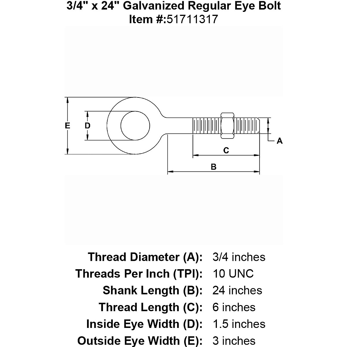 3/4" x 24" Galvanized Regular Eyebolt