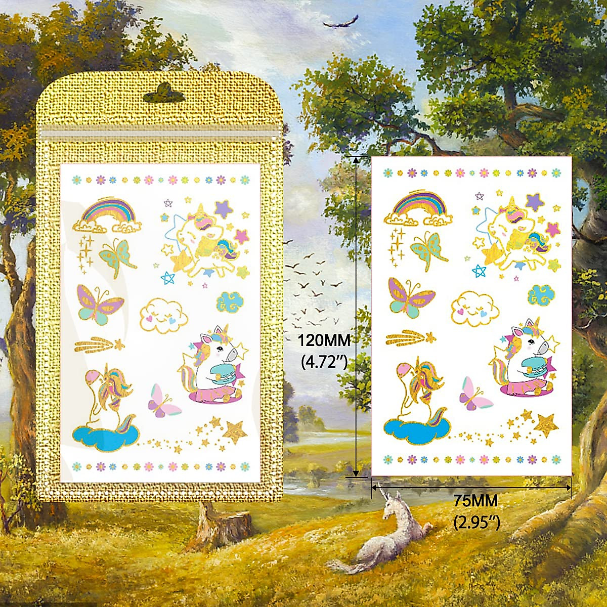 Aniuvot Glitter Temporary Tattoos for Girls Boys Kids Birthday Party Favor Supplies 16 Sheets, Children Gold Metallic Body Decoration Stickers - Rainbow, Butterflies, Space Styles…