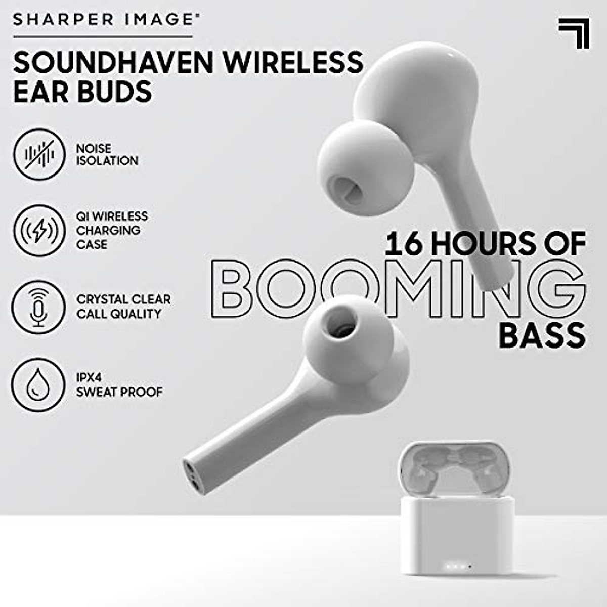 Sharper Image Soundhaven Wireless Earbuds, Bluetooth 5.0 with Qi Wireless Charging, Earphones with 4 Mics, 16 hr Playtime, Ergonomic Design, 5 Ear Tip Sizes