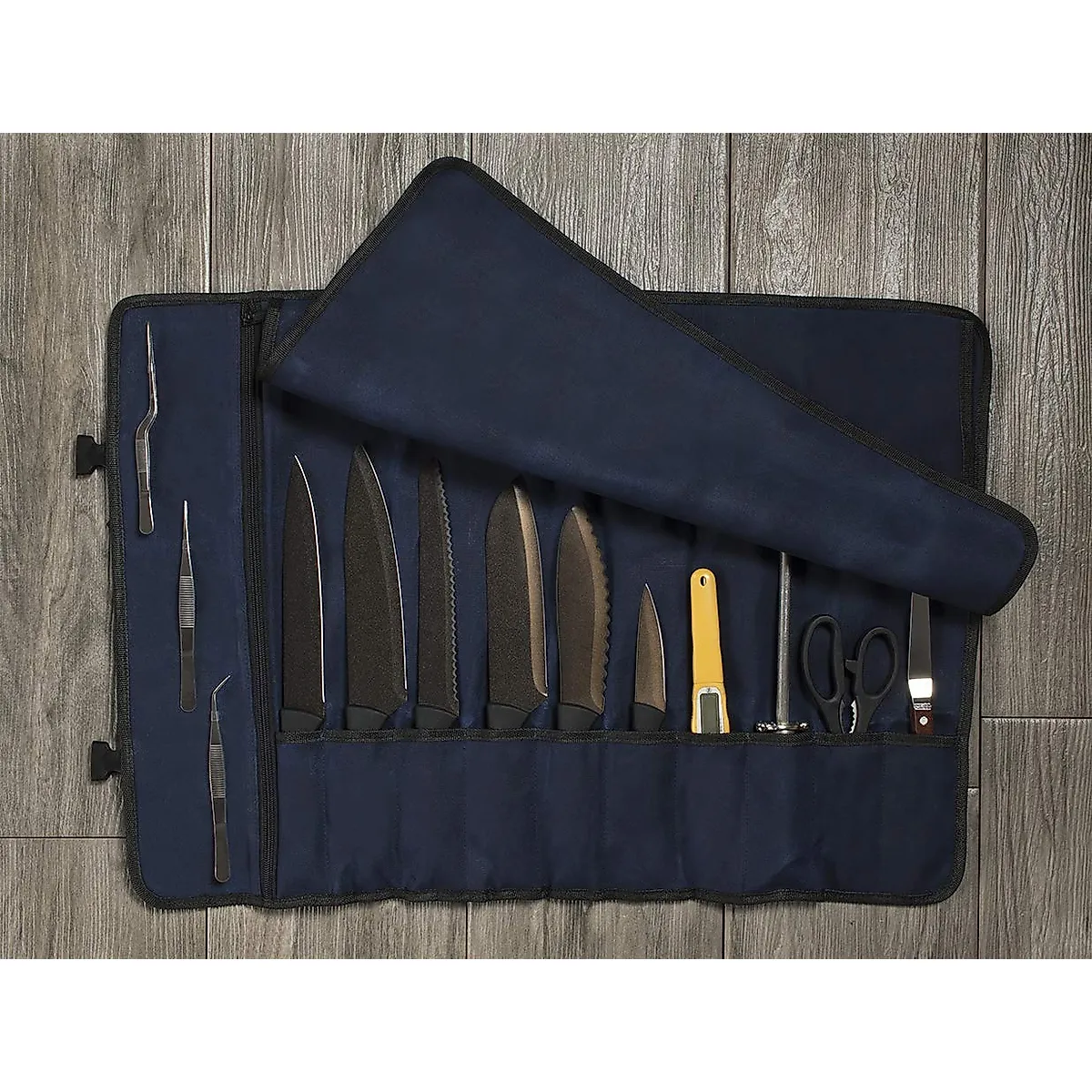 Asaya Canvas Chef Knife Roll Bag - 10 Knife Slots and a Large Zipper Pocket - Durable 10oz Canvas Knife Case with an Adjustable Shoulder Strap - Knives not Included