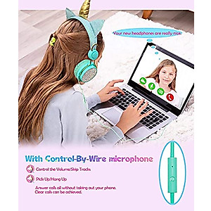 Girls Pink Unicorn Wired Headphones,Cute Cat Ear Kids Game Headset for Boys Teens Tablet Laptop PC,Over Ear Children Headset withMic,for School Birthday Xmas Gifts (Unicorn-Green)
