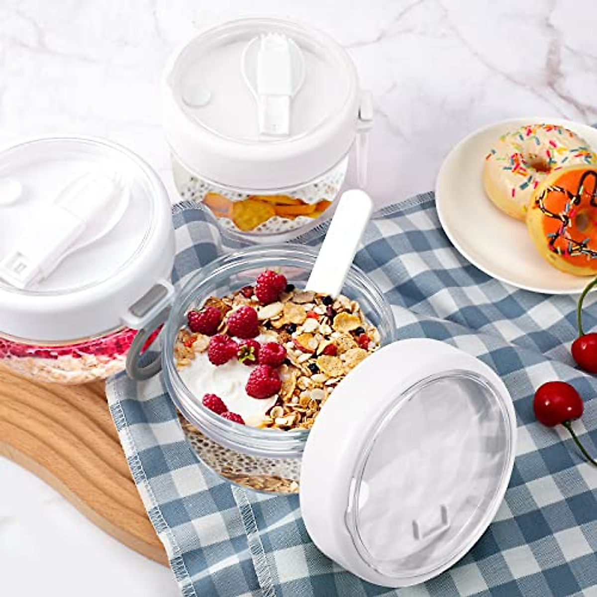 4 Pcs Overnight Oats Container with Lids and Spoons, 20 oz Plastic Overnight Oats Jars Large Capacity Airtight Yogurt Container for Milk, Fruit, Cereal and Salad Storage (White)