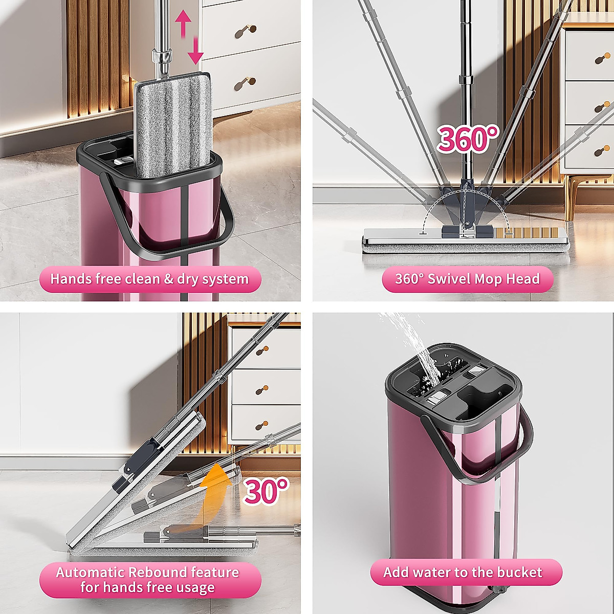 SWIFTIRON Flat Mop and Bucket for Home with Extra Refills, Stainless Steel Mop and Bucket with Wringer, Hands-Free Mop, Wet and Dry Use Mop with Long Handle (Purple)