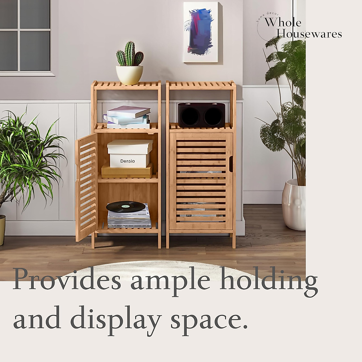 WHOLE HOUSEWARES Bamboo Shoe Rack Cabinet - Shelf Storage with Doors for Bathroom, Bedroom, and Kitchen- Freestanding Entryway Organizer Furniture - Multi-Tier Wood Cabinets for Small Spaces