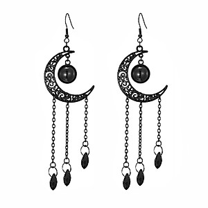 Balirek Moon Earrings Gothic Black Moon Drop Dangle Earrings Black Moon Ear Jewelry for Women (Gothic Tassel Moon)